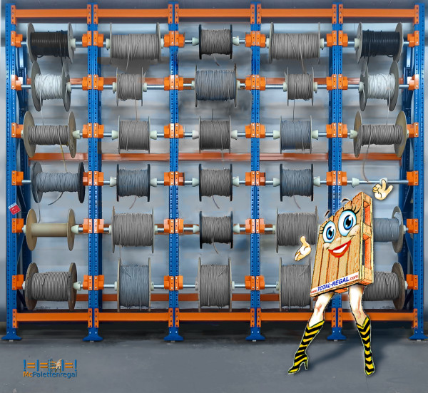 Kabeltrommelregal schräg 3,5 m hoch, 5 Felder, je 6 Trommel-Ebenen ...